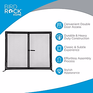 BIRDROCK HOME Fireplace Screen with Double Doors - Heavy Duty Iron Mesh, Welded for Durability, Elegant & Secure Fireplace Cover, Easy Assembly - 40 x 33 in, Black