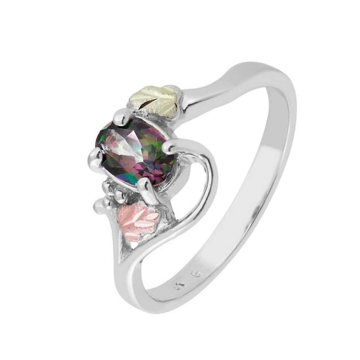 Rhodium-Plated Sterling Silver Small Oval Mystic Fire Topaz Ring, 12k Rose and Green Gold Black Hills Gold, Size 7.5
