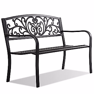 HCY Outdoor Bench, Garden Bench Metal Patio Front Porch Decor Furniture with Backrest Armrests, 50 Inch Slatted Seat for Outdoor, Park, Yard, (Black), x 21x 34.6