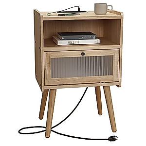 SOOWERY Mid Century Modern Nightstand with Charging Station, Bedside Tables with Glass Door, End Table Side Table with 2 Tiers Storage Space, for Bedroom, Living Room, Natural