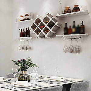 LOYALHEARTDY Set of 5 Wall Mount Wine Rack Set w/Storage Shelves and Glass Holder Modern Diamond-Shaped Wood Wine Server for 8 Bottles Wine Storage Display Rack (White)