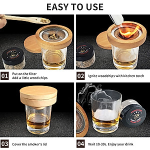 Cocktail Smoker Kit, Old Fashioned Drink Smoker Infuser with 4 Flavors Wood Chips, Portable Smoke DIY Tools for Cocktail, Wine, Whiskey, Bourbon, Meat, Contains Strainer, Wooden Spoon & Cleaning Brush