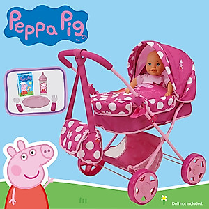 Peppa Pig: Baby Classic Doll Pram Set - Pink & White Dots - 7 Piece Set, Fits Dolls Up to 18", Retractable Canopy, Storage Basket, Diaper Bag & 5 Feeding Accessories, Pretend Play for Kids Ages 3+