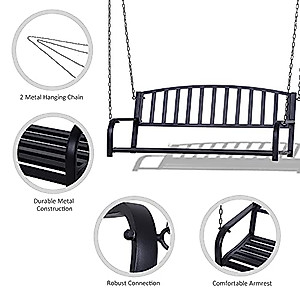 Outsunny 2 Person Front Porch Swing Patio Swing Bench, Outdoor Steel Swing Chair with Sturdy Chains, for Backyard, Deck, 528 lb Weight Capacity, Black
