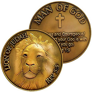 Lion of Judah, Man of God, Be Strong and Courageous, Antique Gold Plated, Challenge Coin, Joshua 1:10