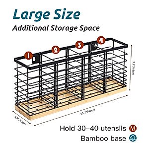 Suli Extra Large Kitchen Utensil Holder with 4 Compartments，Matte Black Metal holder with Wooden Base for Kitchen Countertop，Farmhouse Cooking Utensil Storage, Rustic Cooking Utensil