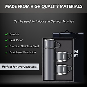 Gray Vacuum Flask Set - Insulated Water Bottle w/ 3 Cups Gift Set - Thermos Water Bottle for Hot and Cold Drinks - Reusable Stainless Steel Water Bottles for Indoor and Outdoor Activities (17 Fl Oz)