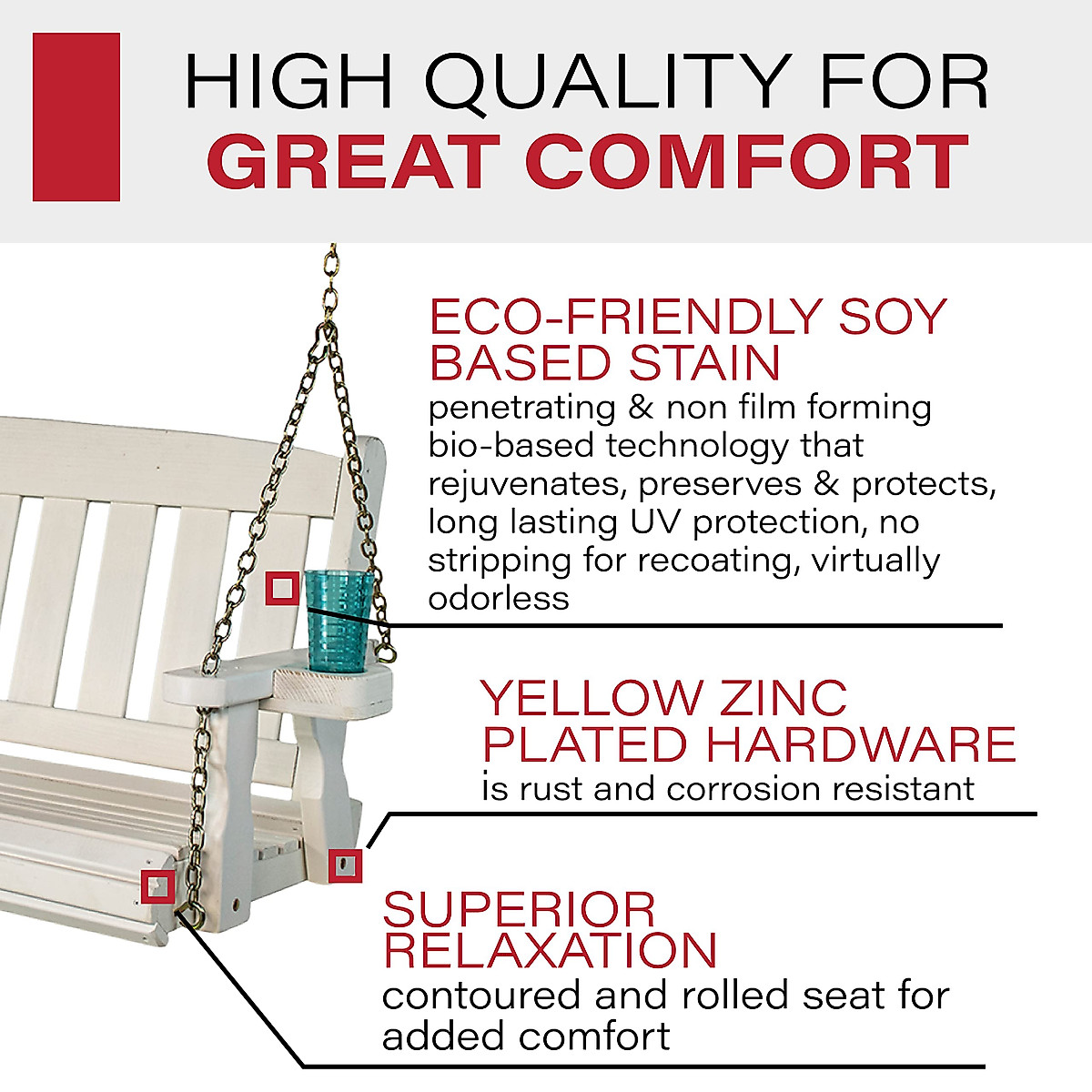 Amish Casual Heavy Duty 800 Lb Mission Treated Porch Swing with Hanging Chains and Cupholders (4 Foot, Semi-Solid White Stain)