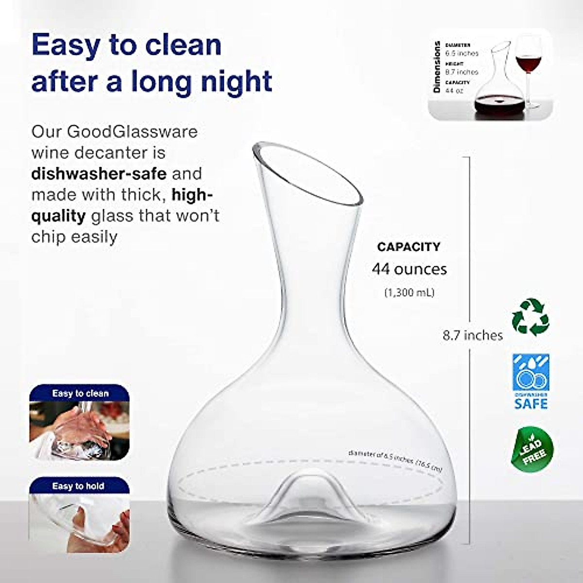 GoodGlassware Wine Decanter – Personal Red Wine Carafe with Wide Base and Aerating Punt - Crystal Clear, Full Bottle Pitcher (44 oz Capacity)