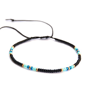 Anklet for Women, Unique Beaded Thin Anklet, Black Gold Colorful Boho Hippie Waterproof Beach Foot Jewelry, Native American Style, Handmade by Tribes (S-M (adjustable))