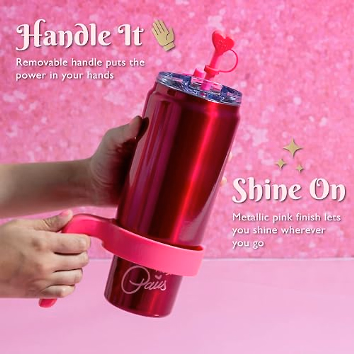 Paris-Hilton 40oz Stainless Steel Tumbler Set with Lid, Straw & Handle, Insulated Travel Mug for Hot & Cold Drinks, Double-Wall Vacuum Cup, Spill-Resistant, BPA-Free, Raspberry Pink & White