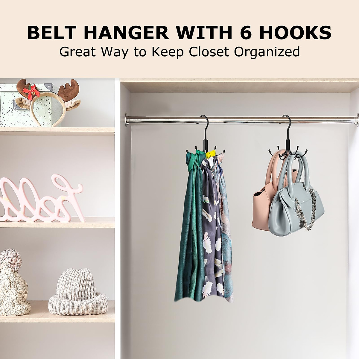 Lomrsiul Belt Hanger Organizer for Closet - Non Slip Rotatable Tie Rack Hanger with 6 Hooks Max 24 Belts Closet Organizers and Storage for Belt Tie Purse Tank Top Handbag Hat Bra Black