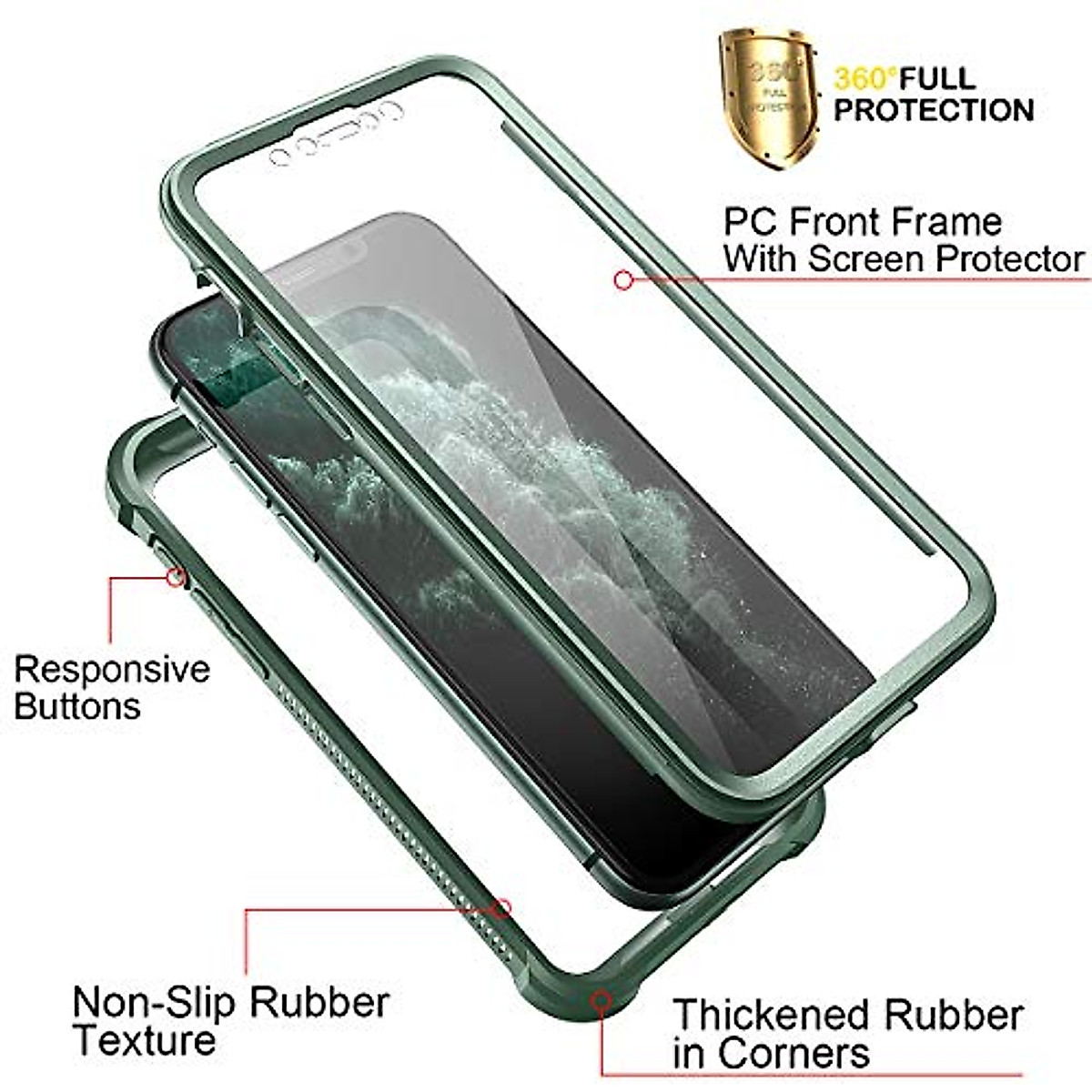 Dexnor iPhone 11 Pro Case with Screen Protector Clear Rugged Full Body Protective Shockproof Hard Back Defender Dual Layer Heavy Duty Bumper Cover Case for iPhone 11 Pro 5.8" - Green