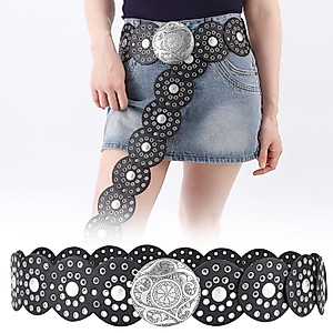 Dazzleimart Hollow Disc Belt Western Style Exaggerated Cowboy Wide Disc Belt Metal Buckle Vintage Soft Belt for Women (Black Silver-A, 101cm/39.7in)