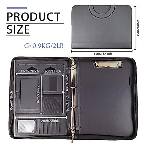 A4 Leather Portfolio Padfolio Refillable 4-Ring Binder with Zipper,Professional Business Document Organizer for Man Women with Magnetic Carrying Handle (Grey)