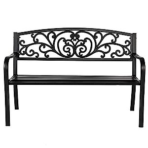 VINGLI 50" Patio Outdoor Metal Bench,Powder Coated Cast Iron Steel for Garden Path Yard Lawn Work Entryway Decor Deck, Black