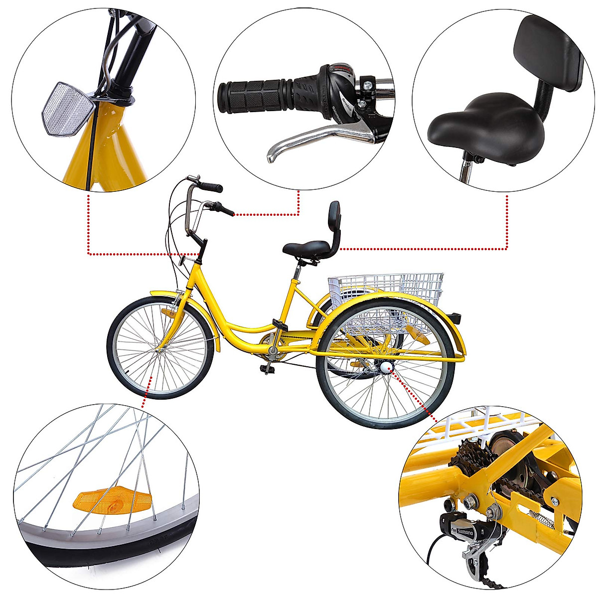Areyourshop Unisex Adult 24" 3-Wheel 7-Speed Tricycle Bicycle Bike Cruise Basket Yellw