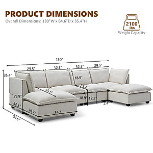 KIVENJAJA 130”W Oversized U-Shaped Down Filled Sectional Couch, 6 Seater Comfy Modular Cloud Sofa with 2 Ottomans, Modern Sleeper Sofa for Living Room, Linen Fabric, Beige