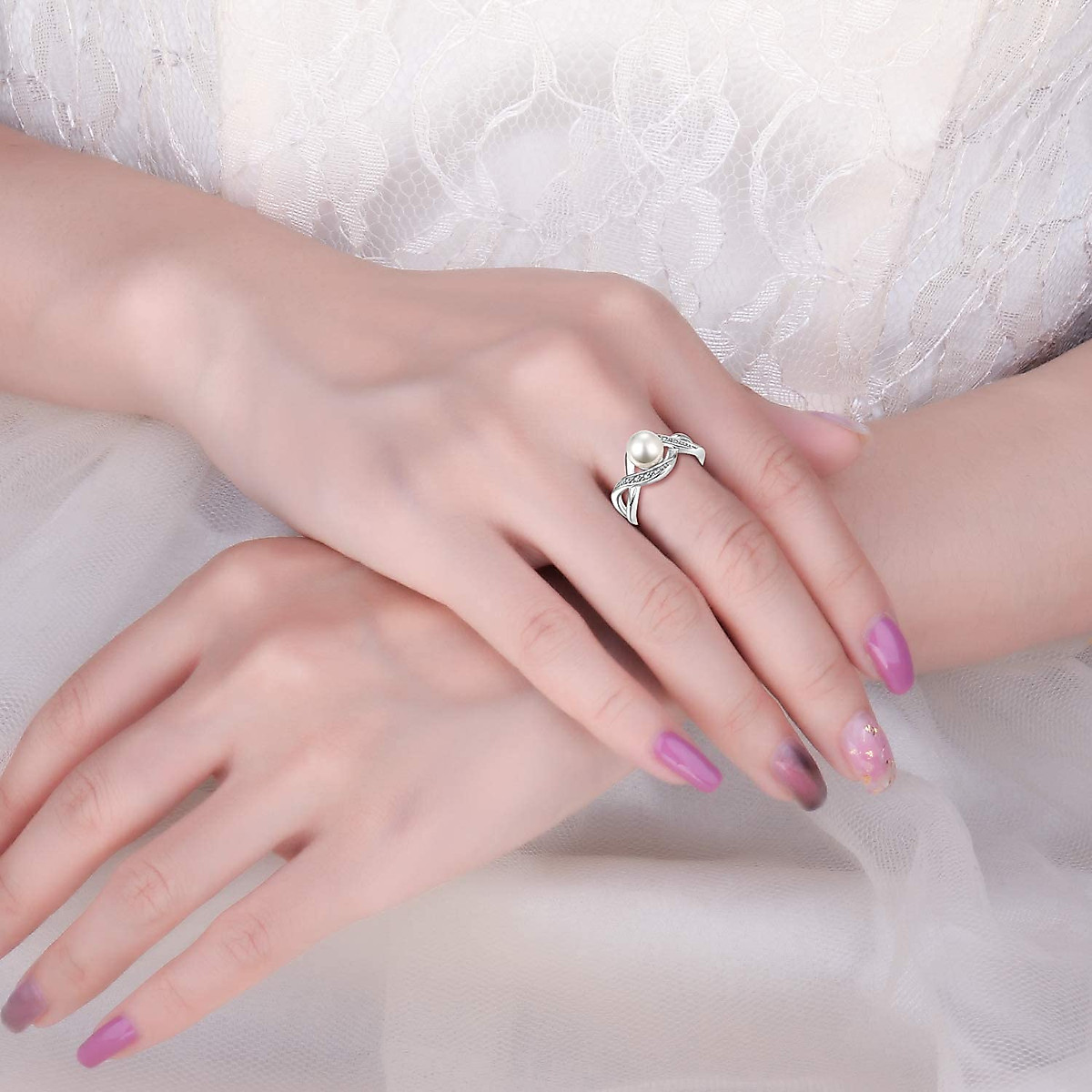 JO WISDOM Women Pearl Ring,925 Sterling Silver Cubic Zirconia Infinity Pearl Ring with 7mm Round White Pearl Ring size 8