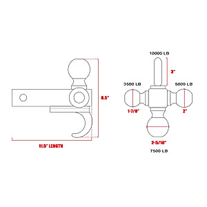 Armordillo 8719442 3-in-1 Loaded Tri-Ball Mount with Hook Universal Fits 2-Inch Receiver Tube Trailer Hitch