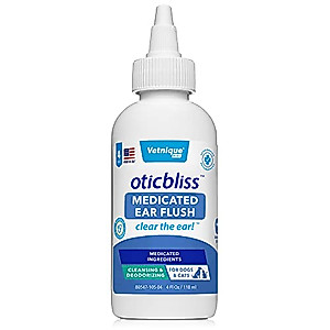 Vetnique Labs Oticbliss Ear Cleaner Wipes/Flushes for Dogs & Cats with Odor Control and Itch Relief Reduces Head Shaking - Clear The Ear (Ear Cleaning Flush, Medicated 4oz)
