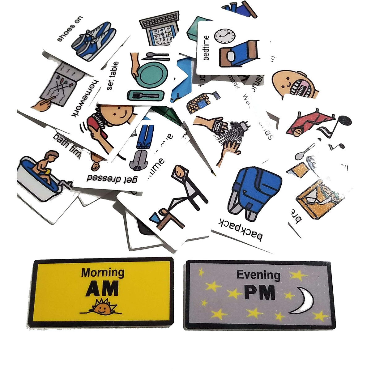 Kids Plastic or Laminated Visual Schedule Calendar Chart for Home, School, Centers, Photo Cards: Chores, Reinforcers, School, Behavior (One Strip Blue Schedule, Laminated/Cartoon 60 Home Cards)