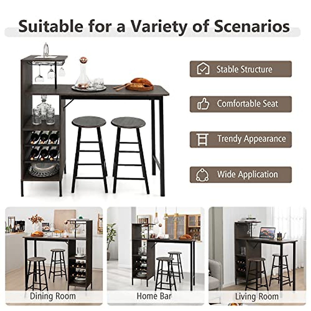 GOFLAME Bar Table and Chairs Set for 2, Counter Height Dining Table Set with Shelves, Cup Holder & Wine Rack, Breakfast Table & Chair Set, 3-Piece Pub Table Set for Kitchen, Dining Room