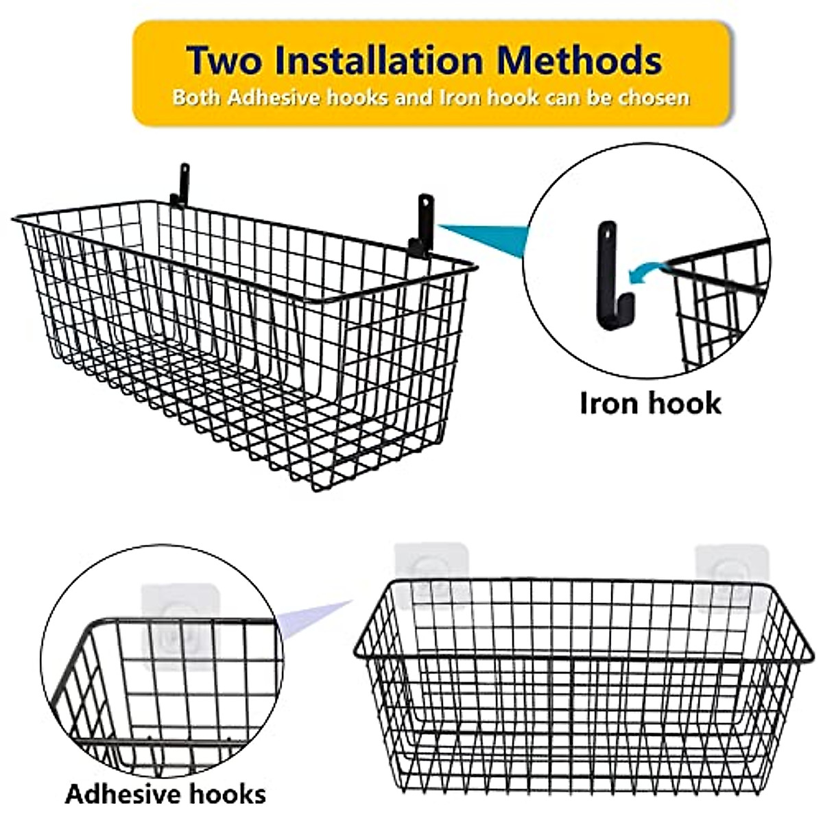 3 Set [Extra Large]Hanging Wall Baskets,Wire Basket For Storage Pantry, Farmhouse Food Storage Kitchen Pantry Laundry Closet Garage RV,Black