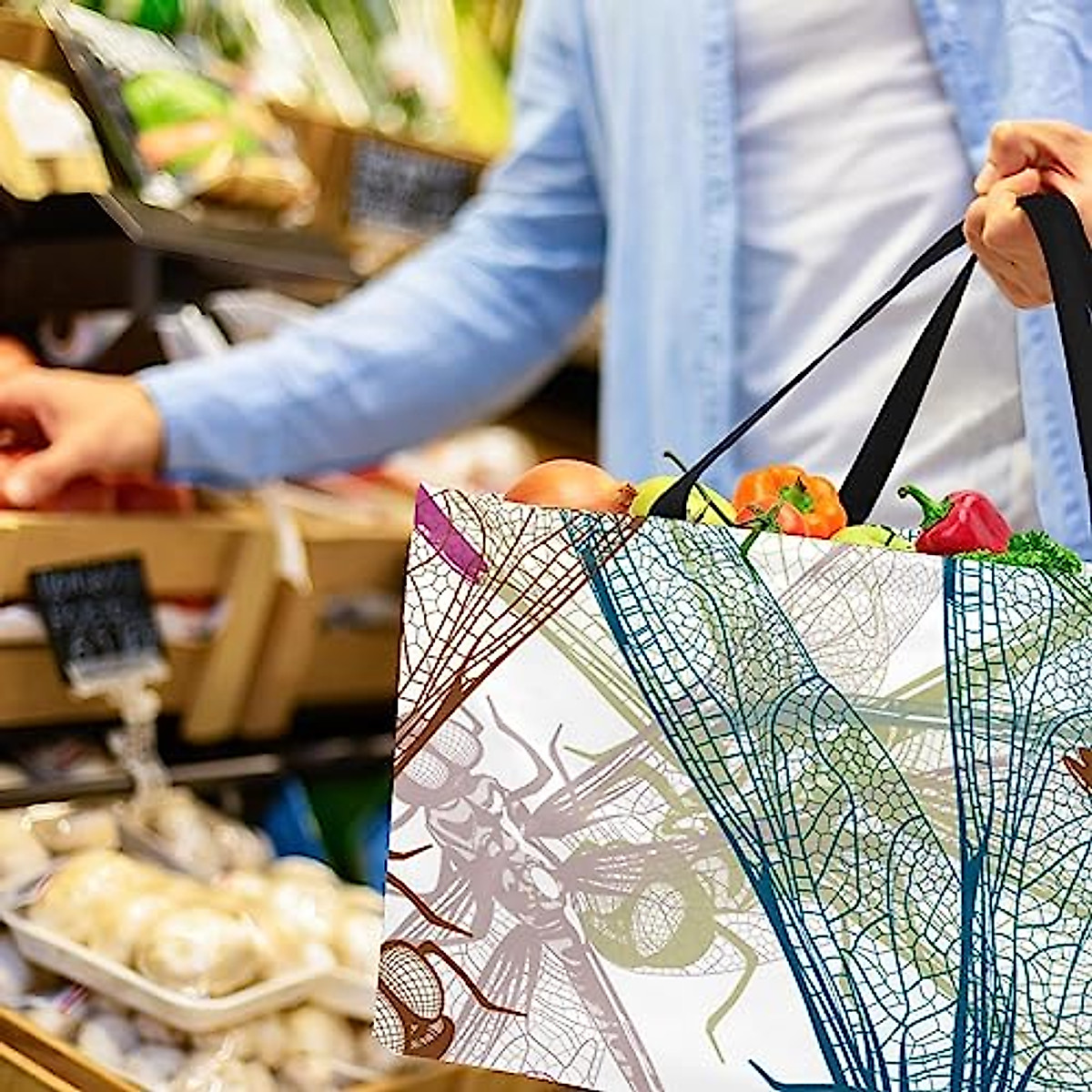 KQNZT Reusable Grocery Bags, Large Foldable Reusable Shopping Tote Bags Bulk for Groceries, Waterproof Kitchen Cloth Produce Bags with Long Handles, Retro Colored Dragonfly