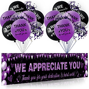 We Appreciate You Decorations Purple Black We Appreciate You Banner with 18 Balloons Thank You Yard Sign for Teacher Employee Staff Poaster Doctors Nurse Volunteer Appreciation Week Party Decor