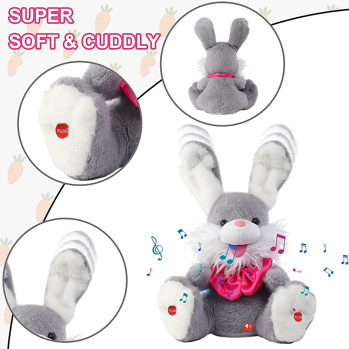 MIAODAM Peek-A-Boo Bunny Toy for Toddlers 1-3, Talking Stuffed Animal Repeats Your Words, Sings Children Songs & Lullabies, Interactive Plush with Floppy Ears (Grey)