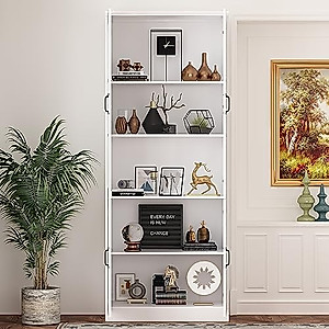 Homsee Tall Bookcase Bookshelf with 5-Tier Shelves & 2 Carved Glass Doors, Wooden Display Storage Cabinet with Arched Doors for Home Office, Living Room, White (31.5”W x 15.7”D x 78.7”H)