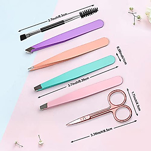 AMMON Professional Tweezer 6 Pcs Set Stainless Steel Tweezers for Eyebrows Tweezers for Woman Precision with Travel Case for Ingrown and fine Hair Removal Splinter Blackhead Remover（colorful）
