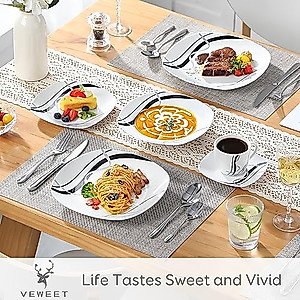 VEWEET, Series Fiona, 30-Piece Dinnerware Sets for 6, White Dishes Set with Black and Gray Stripes, Porcelain Dinner Set Including Dessert Plates, Soup Plates, Dinner Plates, Cups & Saucers