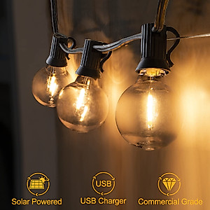 ACOHOOK 48FT Outdoor Solar String Lights, Solar Cafe Lights, Commercial Grade Solar String Lights for Outside,4 Light Modes,USB& Solar Powered String Lights with Waterproof Plastic 15+1(Spare) Bulbs