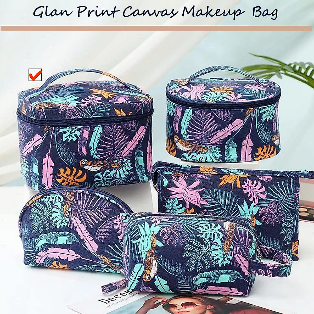 L&FY Cosmetic Bags For Women,Girls,Travel Makeup Organizer Portable Toiletry Bag With Handle,Large Capacity Skincare Bag (dark blue/Gran Leaf)