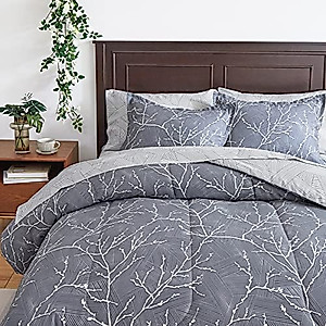 UOZZI BEDDING Cotton Gray Comforter Sheet Set Queen Size 7 Pieces Bed in a Bag with White Branch Soft Bed Set (1 Comforter 2 Pillow Shams 1 Flat Sheet 1 Fitted Sheet 2 Pillowcases)
