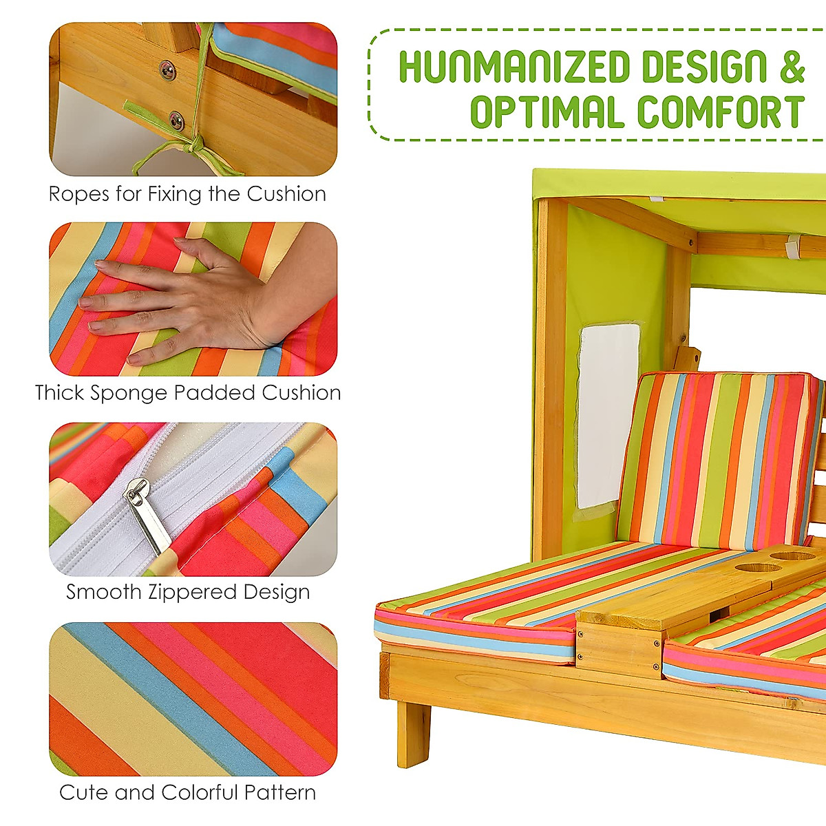 Costzon Kids Chaise Lounge, Double Seat Patio Chair w/Canopy, Cup Holders, Cushion, Breathable Mesh, Backrest Recliner, Children Outdoor Wood Furniture Gift for Boy Girl 3-8 Year Old, Kids Beach Chair