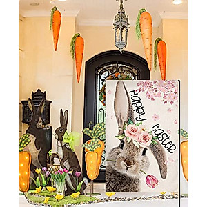Easter Bunny Garden Flag 12x18 Vertical Double Sided Gray Rabbit Spring Floral Tulip Farmhouse Holiday Outside Decorations Burlap Yard Flag BW278