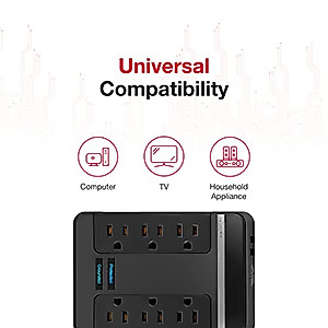 Rocketfish 6-Outlet/2-USB Swivel Wall Tap Surge Protector - Provides Protection & Convenient Mobile Phone Charging - Black