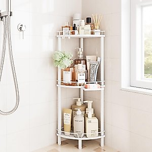 ELYKEN Corner Shower Caddy Standing, 3 Tier Rustproof Metal Shower Organizer with Soap Holder, Floor Shower Corner Shelf Rack Storage Stands with Adjustable Feet & 2 Hooks for Bathroom, White