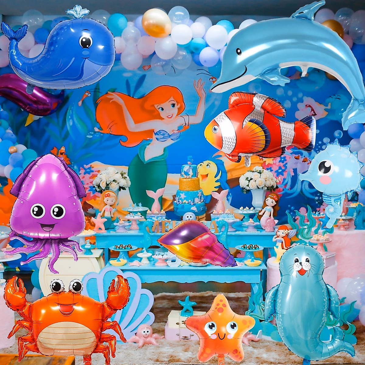 Jiahaoppx 10 Pcs Sea Animal Balloons, Large Shark Dolphin Whale Octopus Fish Hippocampus Crab Sea Lion Conch Starfish Ocean Foil Balloons for Sea Underwater Animals Theme Party Decoration