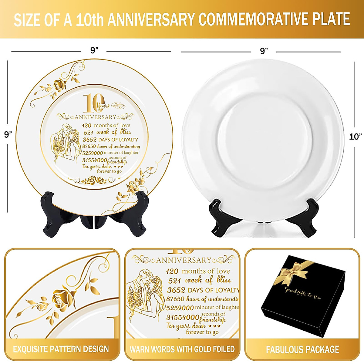SHUNNIUB Fabulous 10th Anniversary Wedding Gifts, Luxurious 24K Gold Foil 10th Commemorative Plate Anniersary-Gifts for Him Her Couple