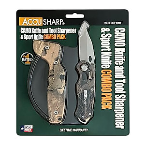 ACCUSHARP Sport Folding Knife & Knife Sharpener Combo Pack - Made of Anodized Aluminum & Stainless Steel - For Outdoor, Hunting, Fishing, Hiking & Camping - Camouflage