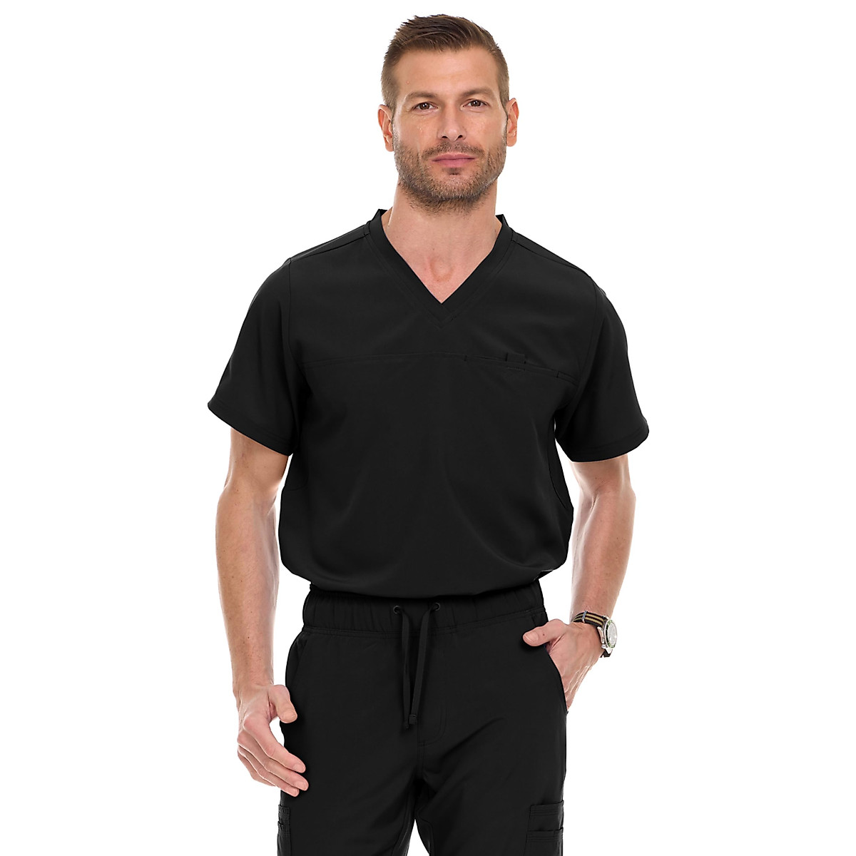 MediChic Men's V-Neck Hi-Low Top with One Chest Pocket and Mesh Gusset, Black, Size Large