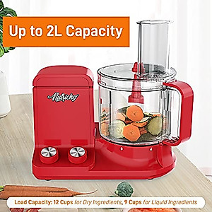 NutriChef NCFPRED Multifunction Food Processor-Ultra Quiet Powerful Motor, Includes 6 Attachment Blades, Up to 2L Capacity (Red), One Size