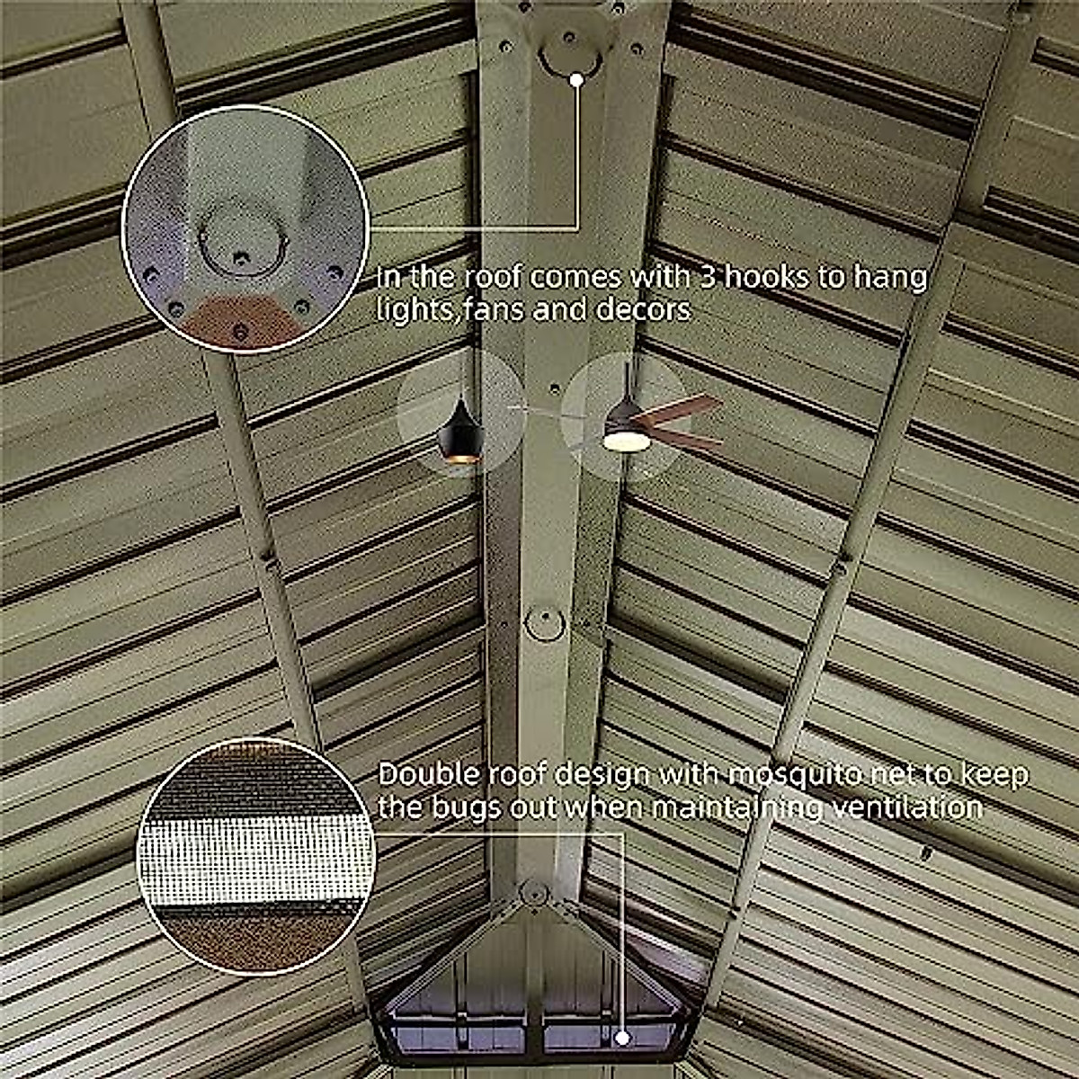 UBGO 12x20FT Hardtop Gazebo,Outdoor Permanent Pavilion with Curtains&Netting,Outdoor Aluminum Wood Grain Gazebos with Galvanized Steel Double Canopy for Patios Deck Backyard,Lawn (Yellow Brown)