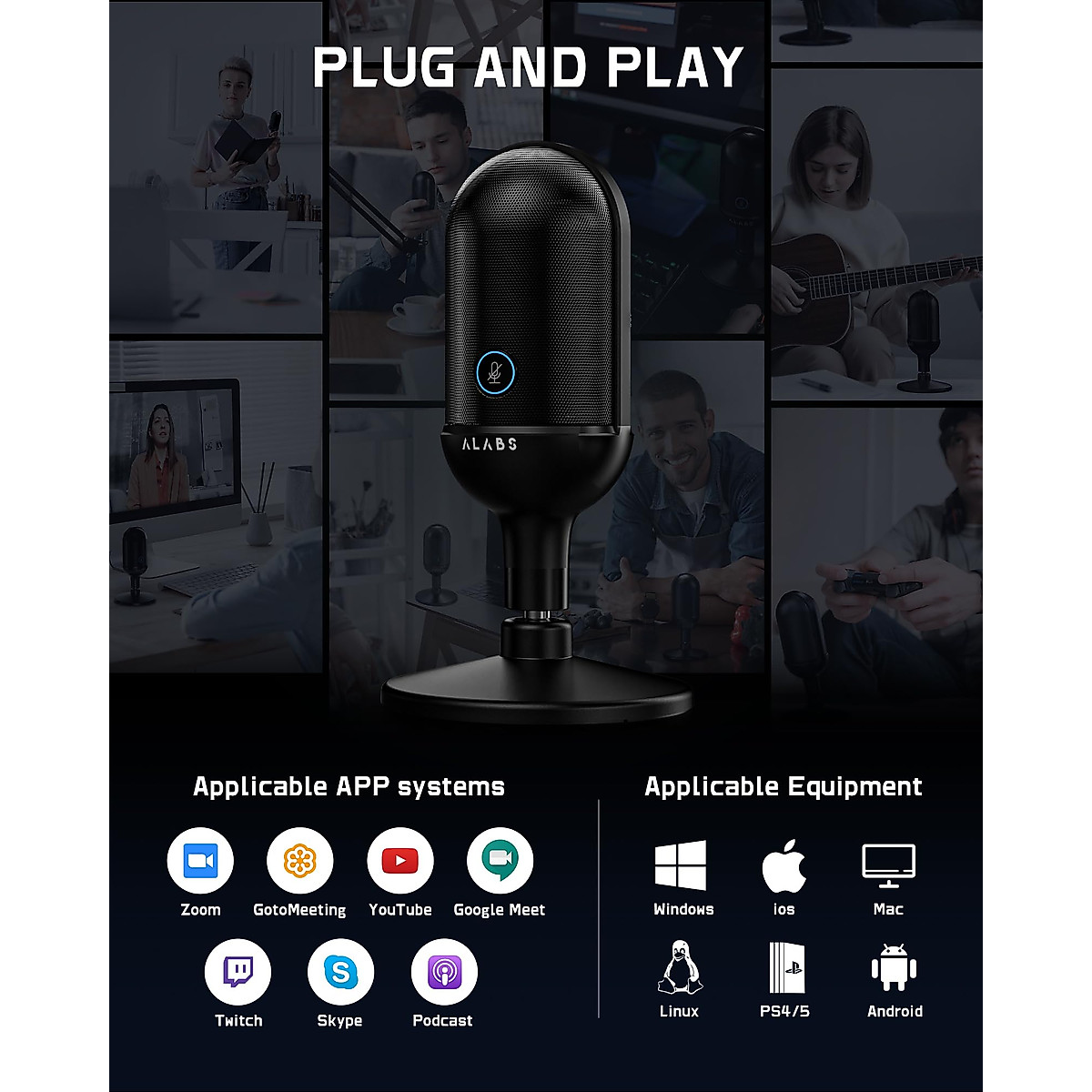 ALABS USB Wireless Cardioid Condenser Microphone for Podcast,Gaming and Home Office,100ft Signal Transmission Distance,Streaming Mic with LED Quick Mute Indicator and Noise Cancelling for PC,Mac