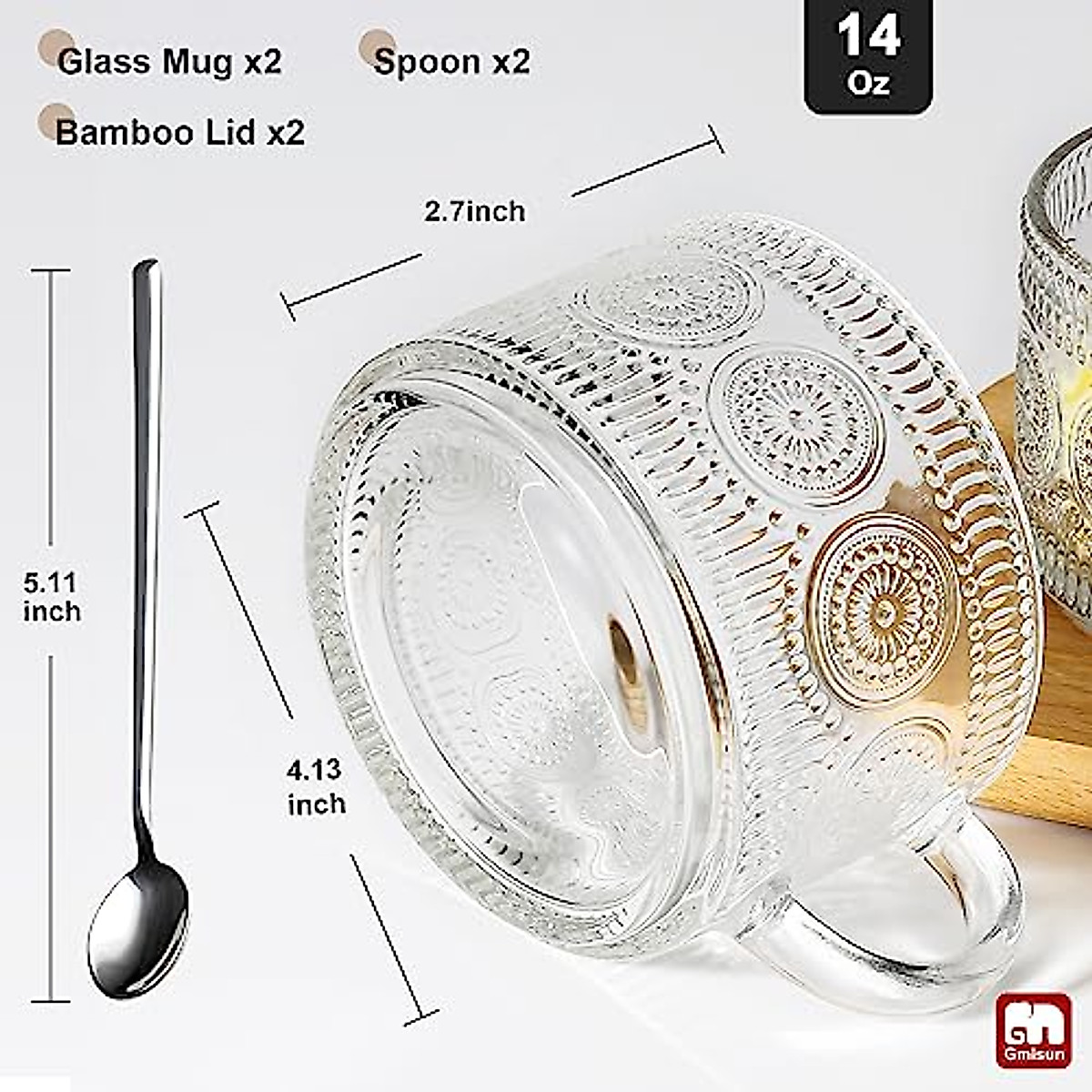 GMISUN Vintage Coffee Mugs, 14oz Glass Coffee Mug Set with Bamboo Lids, Large Clear Coffee Mug with Spoons, Big Coffee Cup Set with Handle, Clear Coffee Cups for Coffee, Iced Coffee (2 Pack)