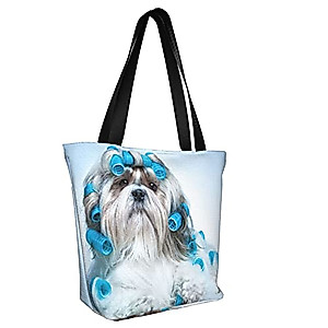 Shih Fur Tzu Dog Curlers Haired Women's Shoulder Handbag Gym Tote Bag Storage Handle Bag